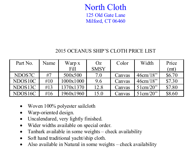 Oceanus Sail Cloth | Schooner Chandlery