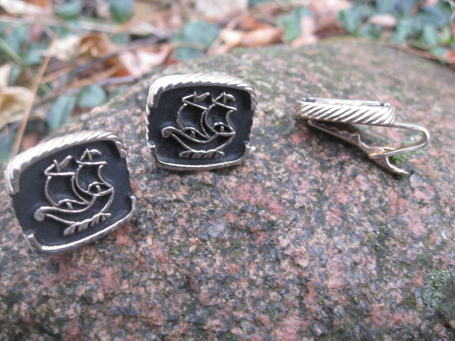 Vintage Ship Cufflinks & Tie Clip. Silver Tone. Wedding, Men's ...