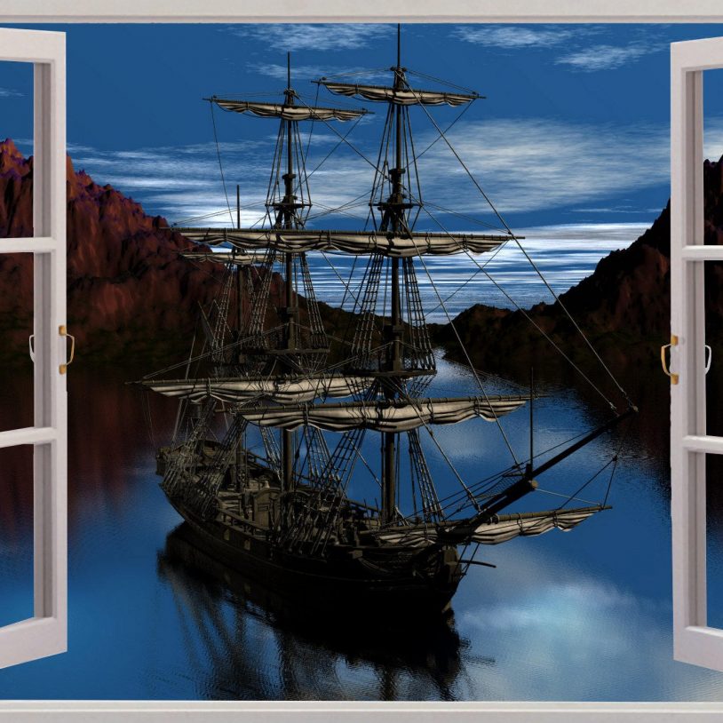 3D Window View Pirate Schooner Ship Wall Decal Sticker Frame Mural ...