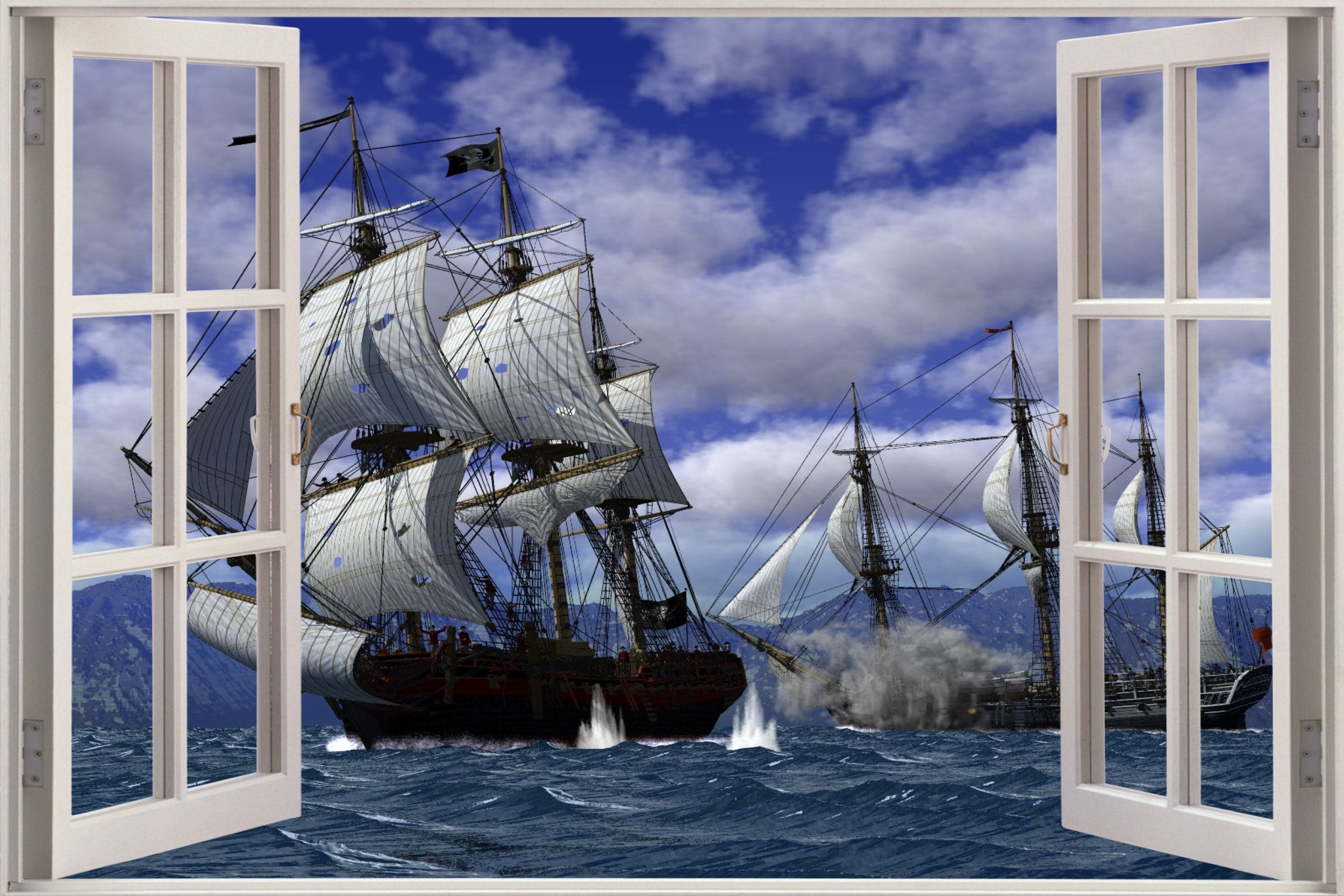 3D Window View Pirate Ship Schooner Wall Decal Sticker Frame Mural ...