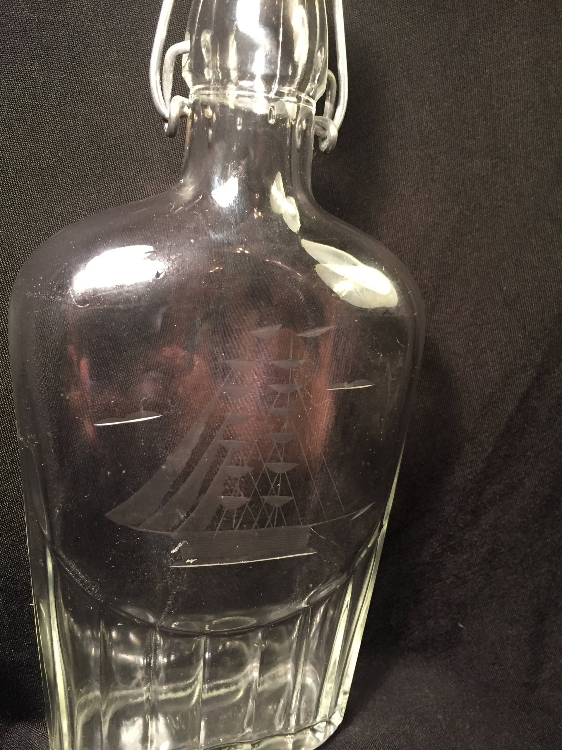Clear Glass Flask Etched with Tall Sailing Ship, Curved on Back ...