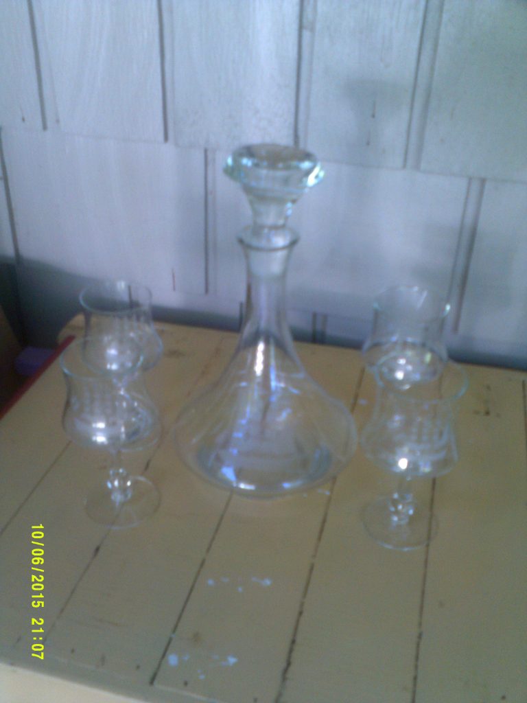 Vintage Crystal Decanter with Etched Ship and Five Wine Goblets, Ship ...