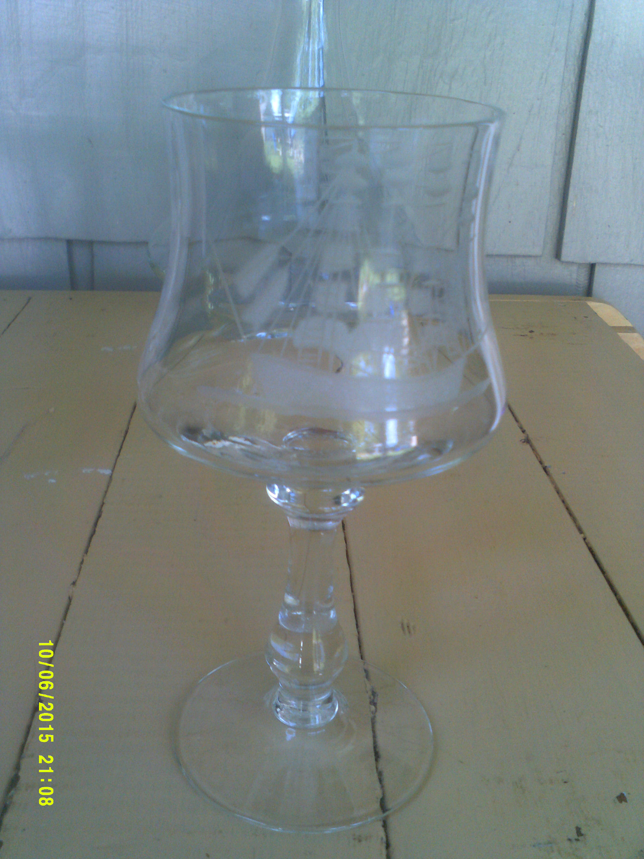 Vintage Crystal Decanter with Etched Ship and Five Wine Goblets, Ship ...