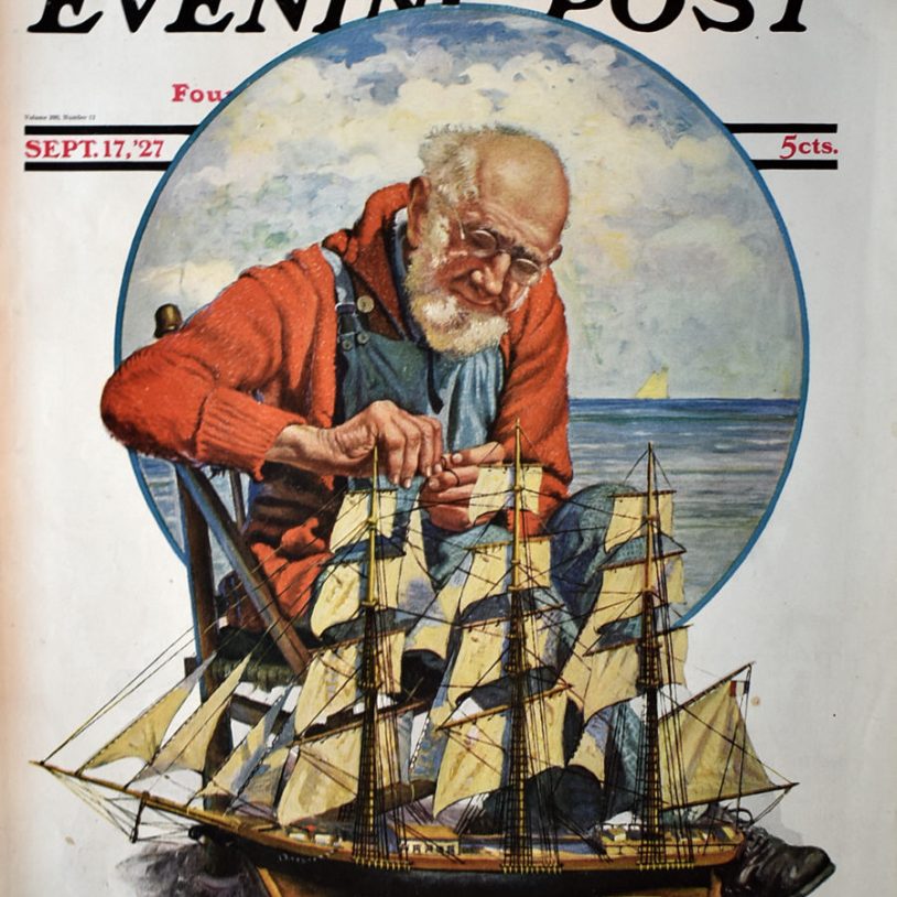 1927 Man Building Model Schooner Ship - JF Kernan Art - 1920s Saturday ...