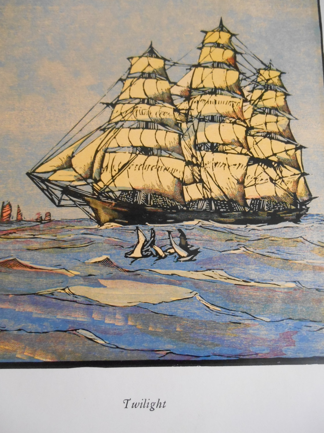 Clipper Ship Nautical art print, 1936 Vintage Wood Engraving - Twilight ...