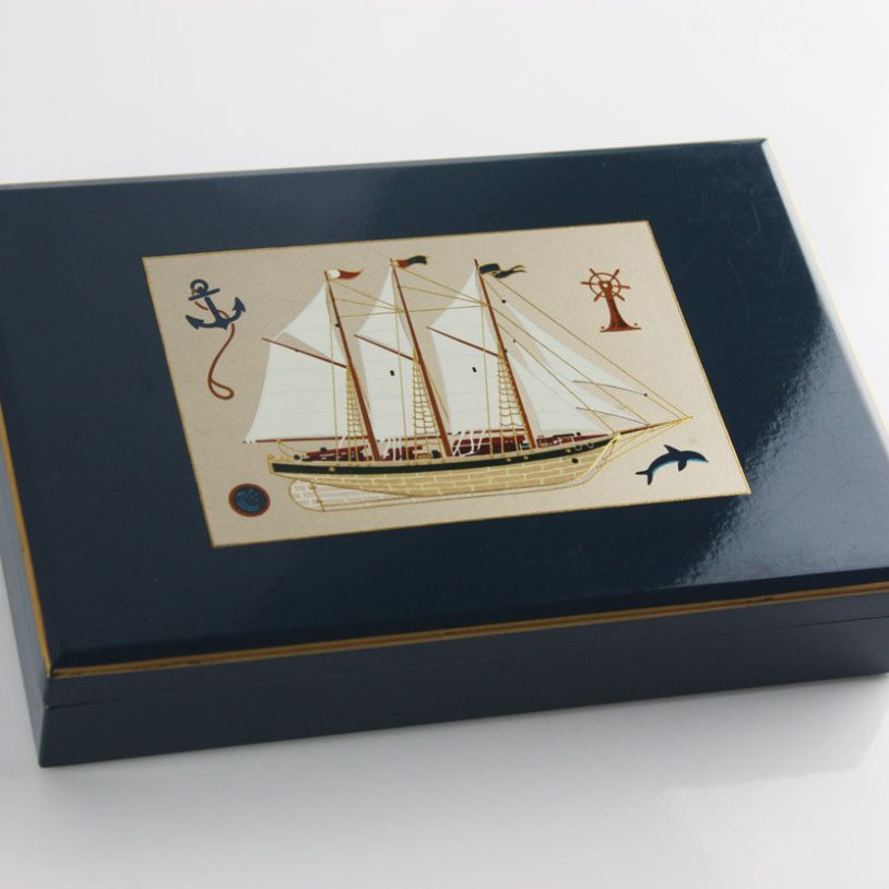 1970s Otagiri Sailing Ship Lacquer Trinket Box, Vintage Dark Blue ...
