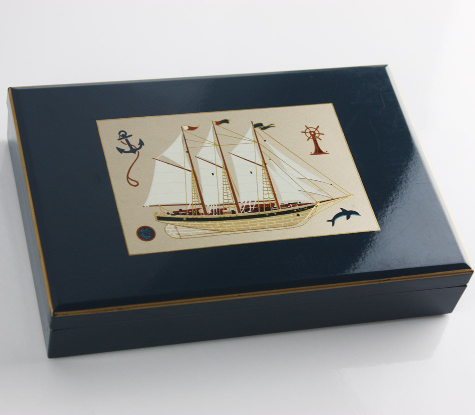 1970s Otagiri Sailing Ship Lacquer Trinket Box, Vintage Dark Blue ...