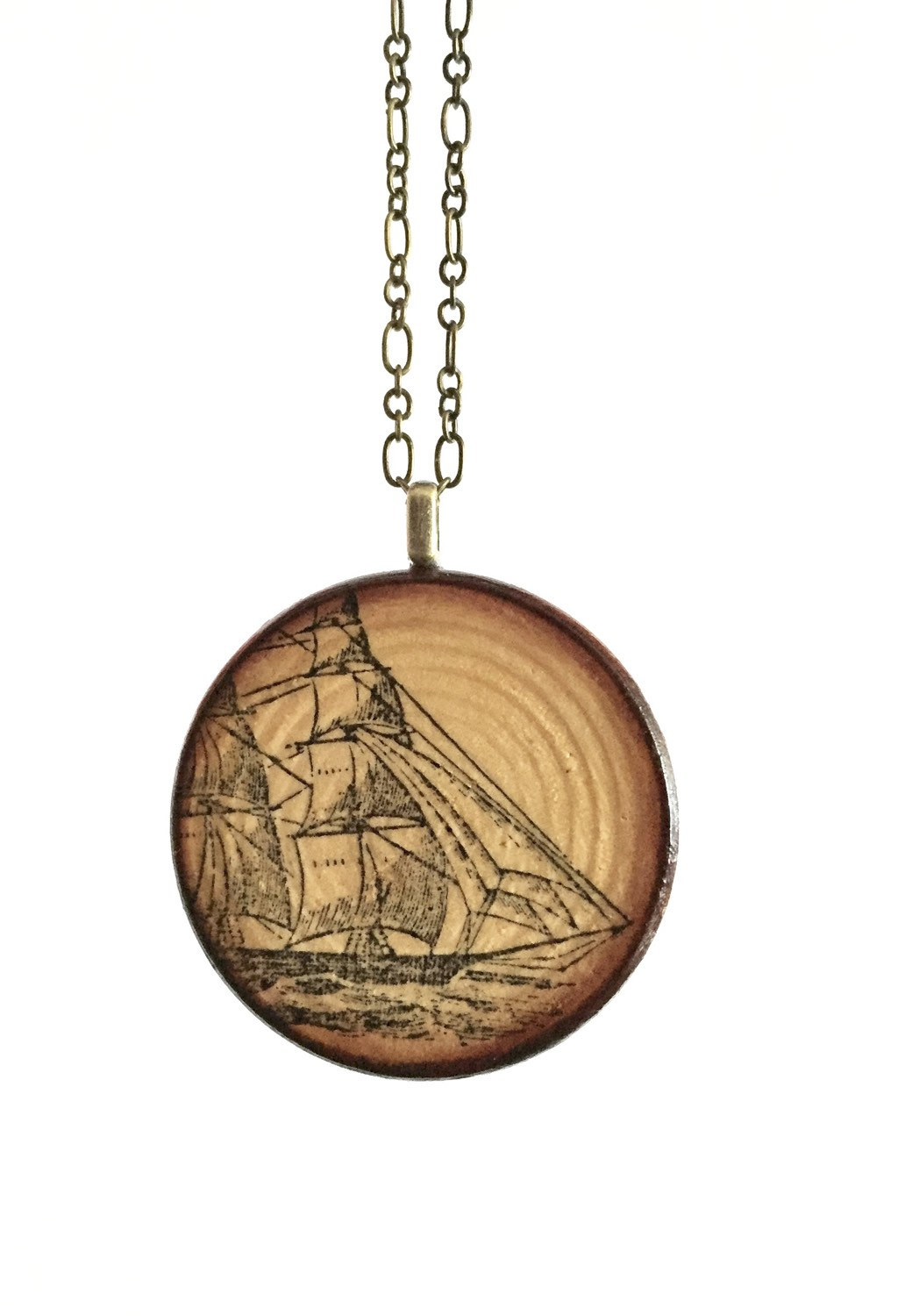 Ship on the Sea Wood Pendant Necklace // Antique Brass Long Chain ...
