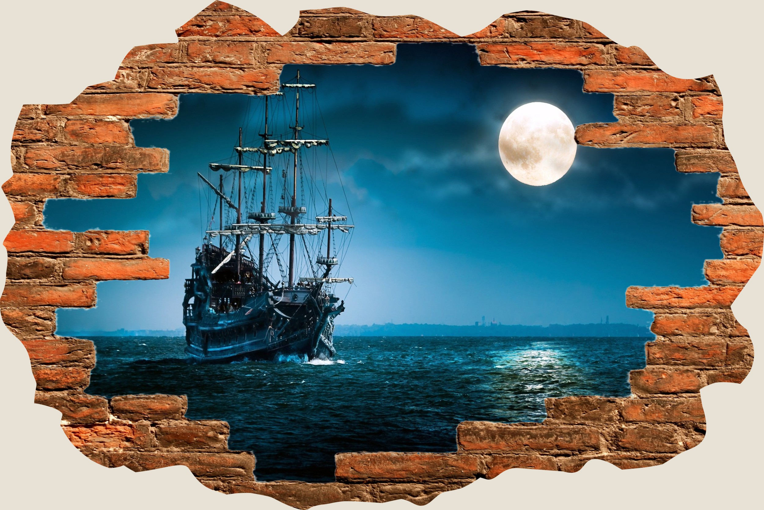 3D Hole In Wall Pirate Ship Boat Schooner At Night View Wall Decal