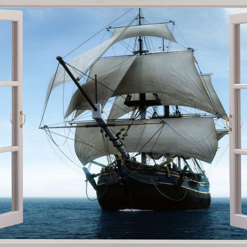3D Window View Pirate Schooner Ship Wall Decal Sticker Frame Mural ...