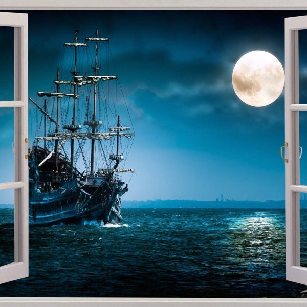 3D Window View Pirate Ship Boat Schooner At Night Wall Decal Sticker ...