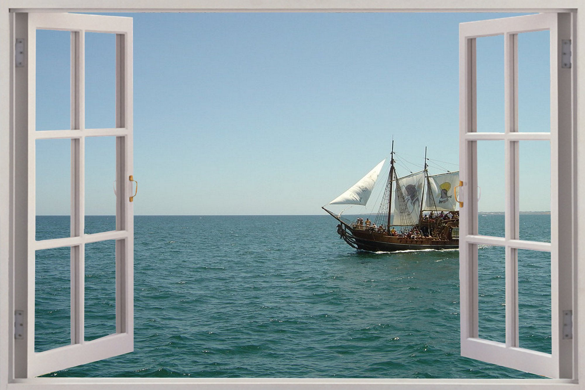 3D Window View Pirate Ship Schooner Wall Decal Sticker Frame Mural ...