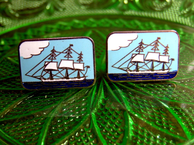 Antique Enamel Brass Schooner Ship Cufflinks Vintage Mens Suiting Sail ...