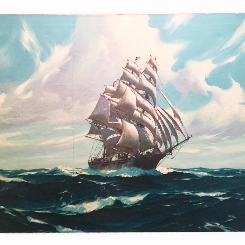 Awesome 41″ Tall x 11″ Wide VINTAGE Framed Blue SAILING SHIPS Print ...