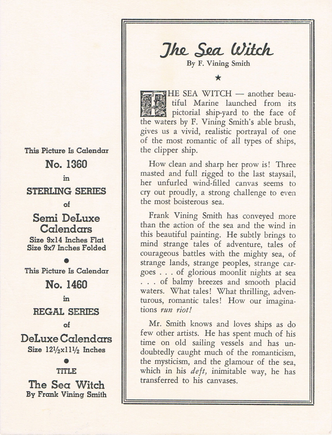 The Sea Witch F Vining Smith Calendar Art Print | Schooner Chandlery