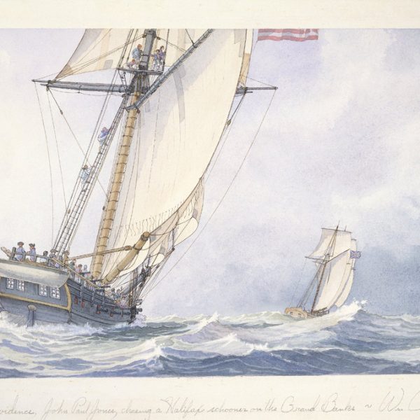 Sloop Providence, John Paul Jones, chasing a Halifax schooner on the ...