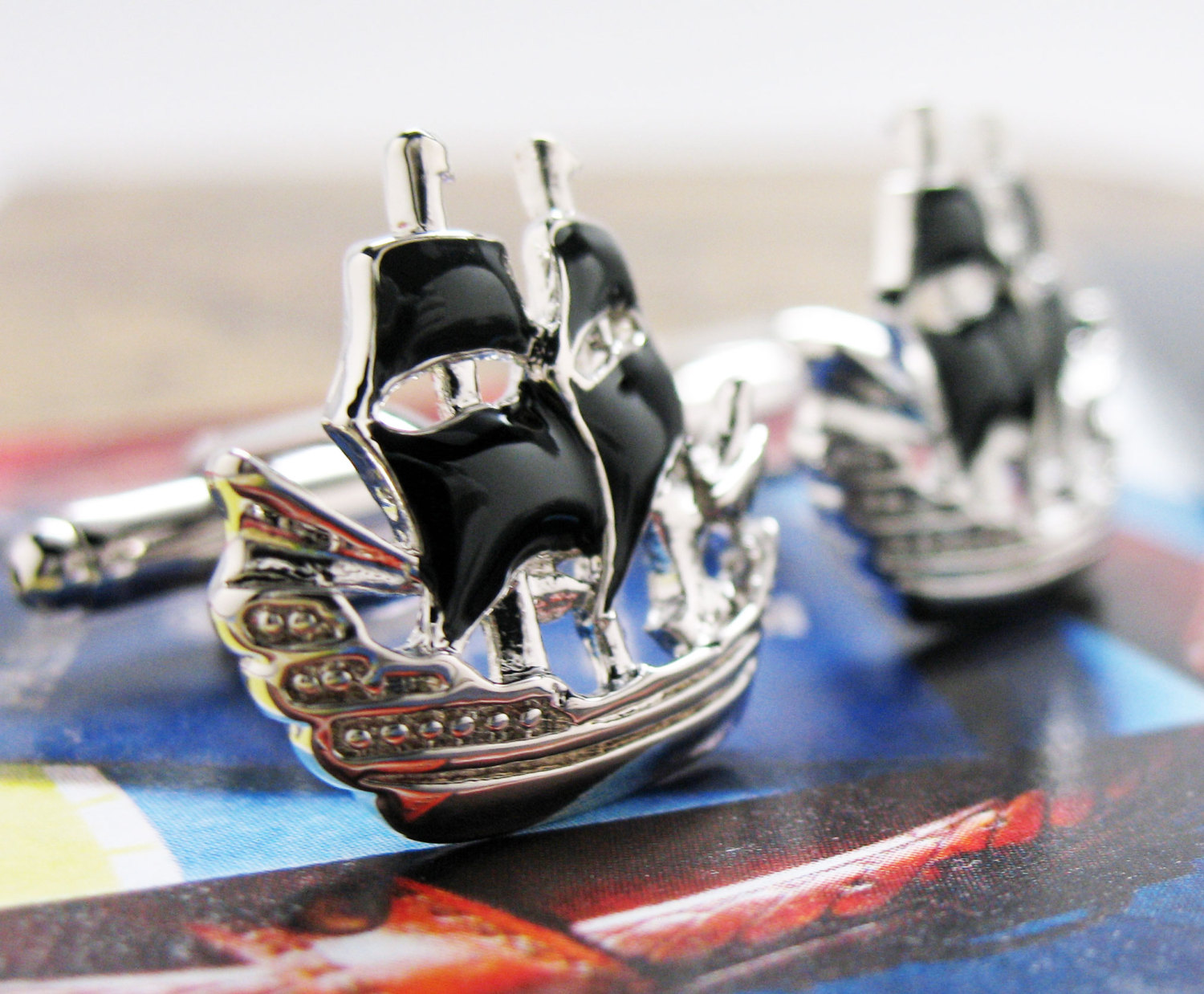 Pirate Ship Cufflinks Silver Tone Boat Black Enamel Sails Ocean Sailing ...