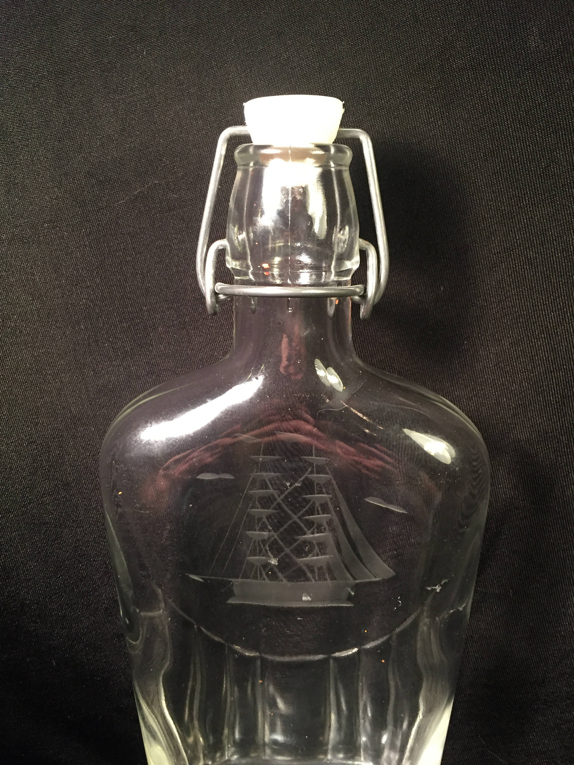 Clear Glass Flask Etched with Tall Sailing Ship, Curved on Back ...