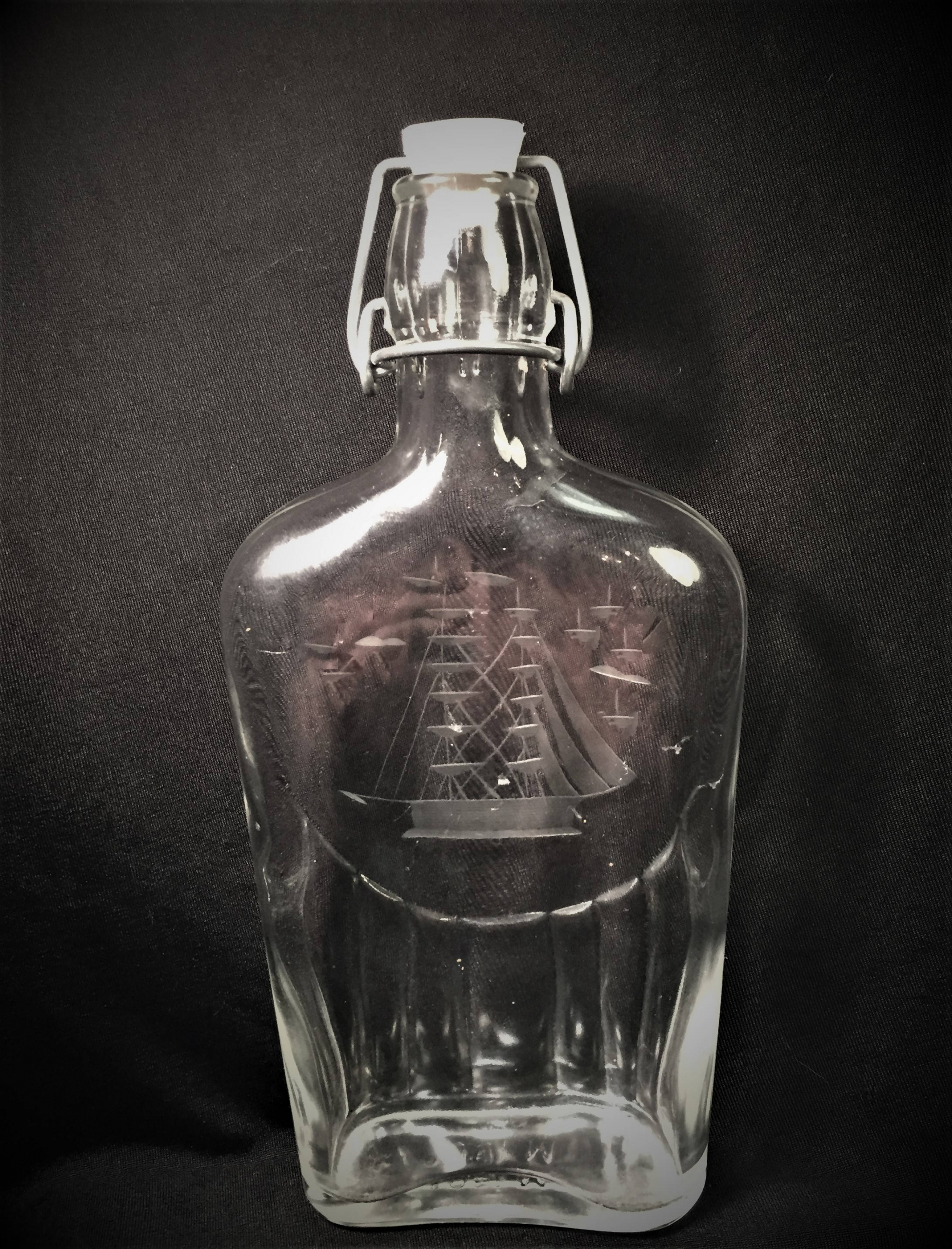 Clear Glass Flask Etched with Tall Sailing Ship, Curved on Back ...
