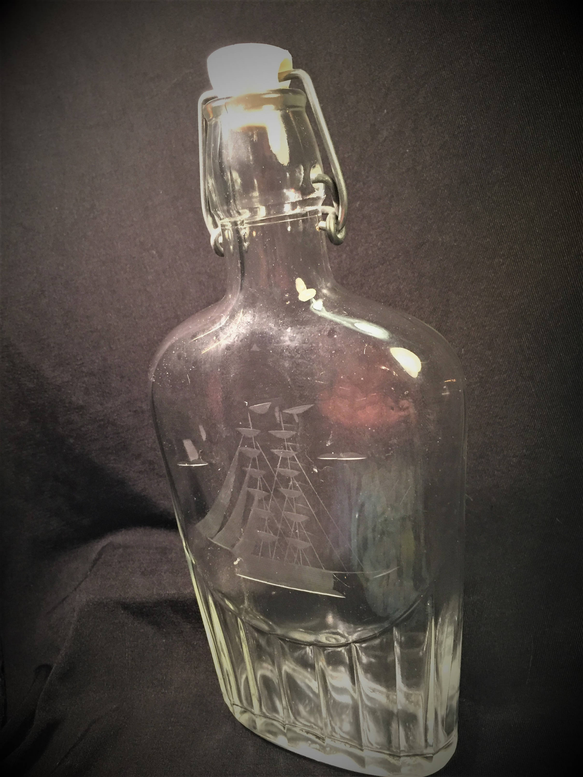 Clear Glass Flask Etched with Tall Sailing Ship, Curved on Back ...