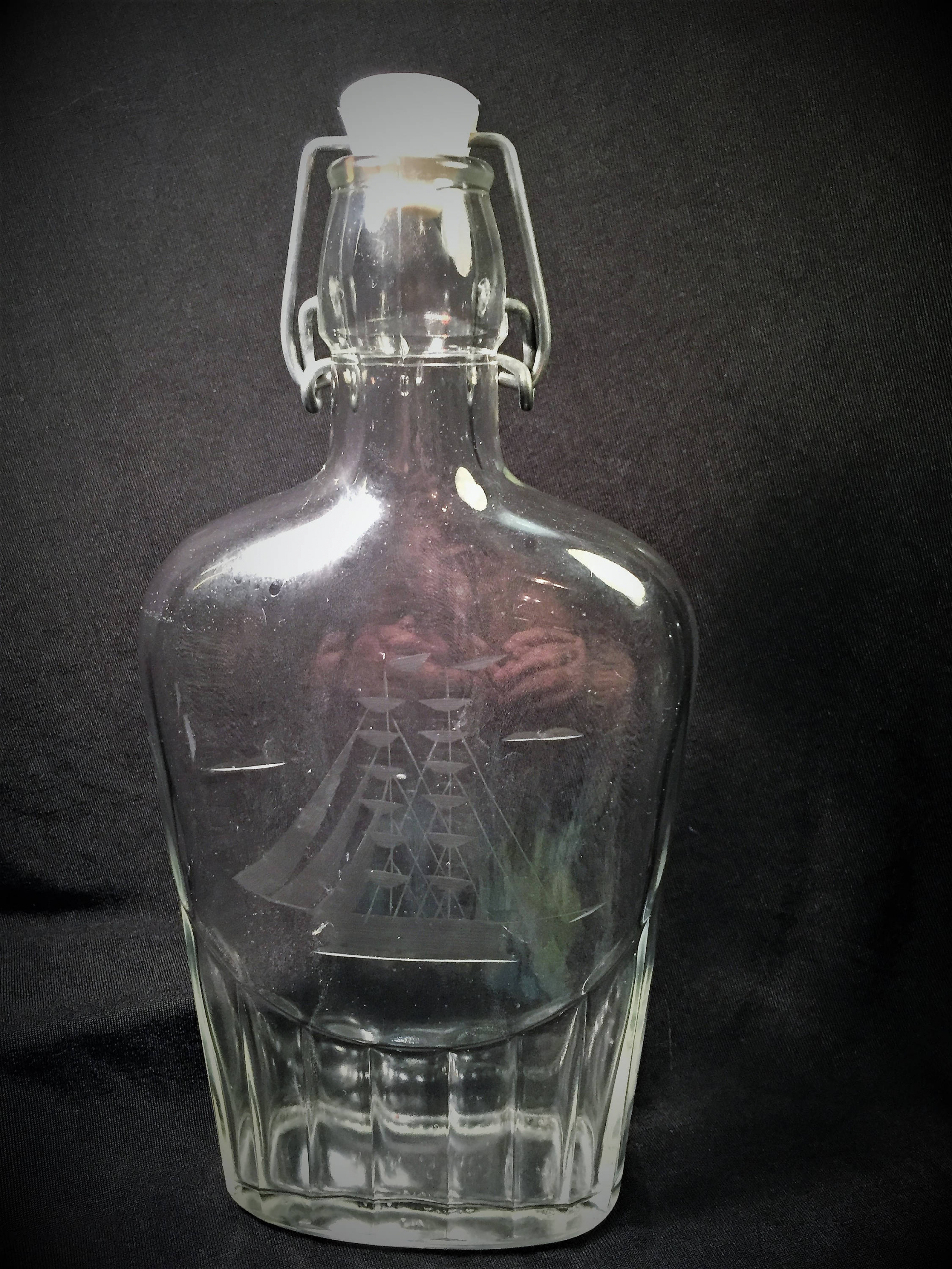 Clear Glass Flask Etched with Tall Sailing Ship, Curved on Back ...
