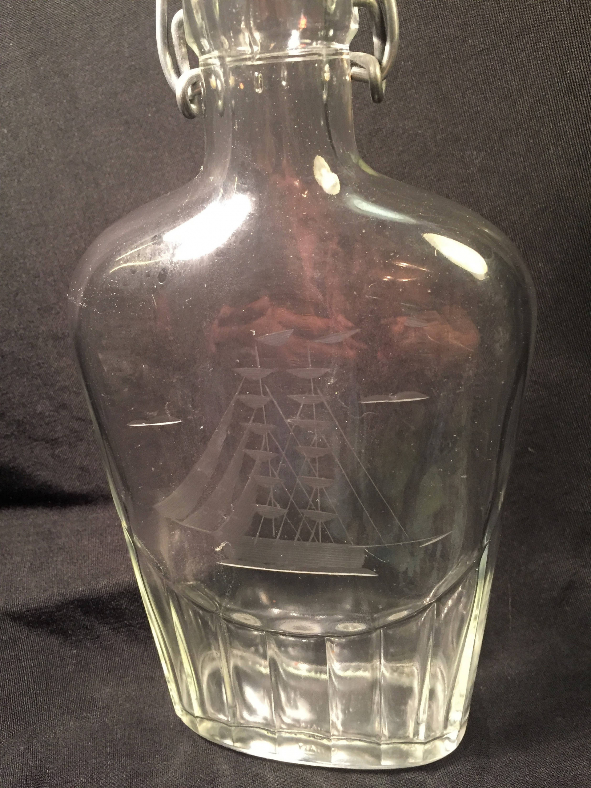 Clear Glass Flask Etched with Tall Sailing Ship, Curved on Back ...