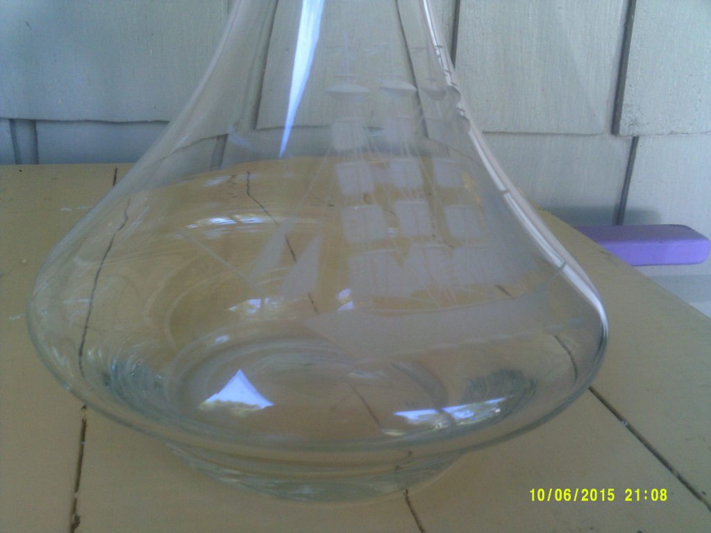 Vintage Crystal Decanter with Etched Ship and Five Wine Goblets, Ship ...