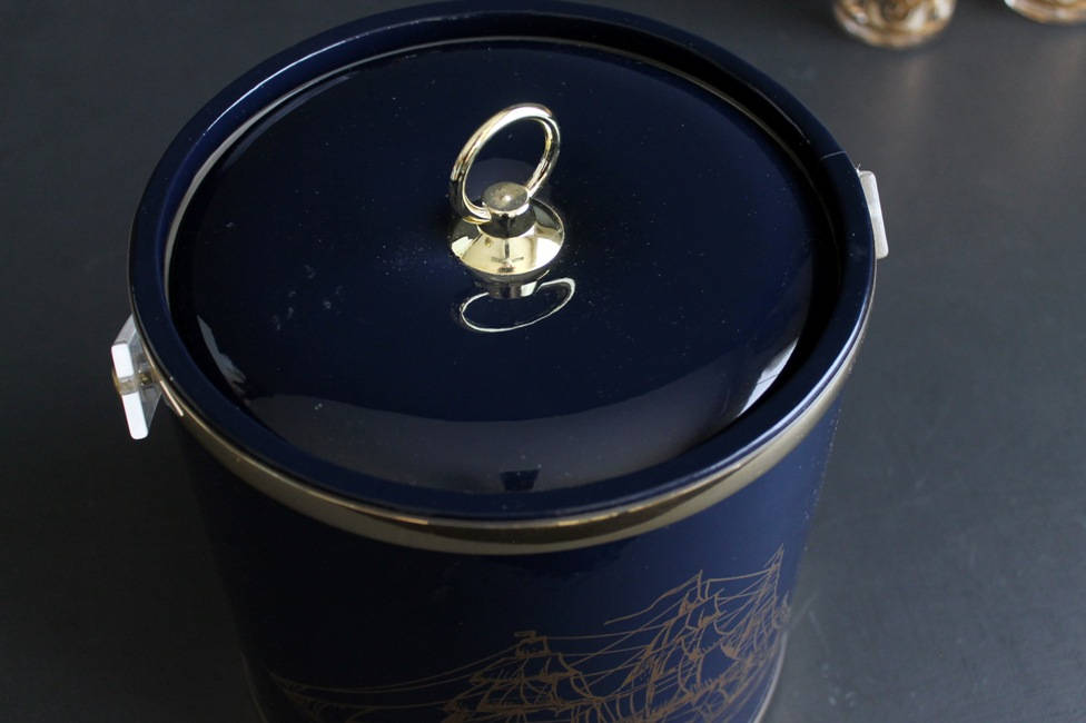 Vintage Ice Bucket Nautical Theme Navy Blue and Gold Schooner Sailing ...