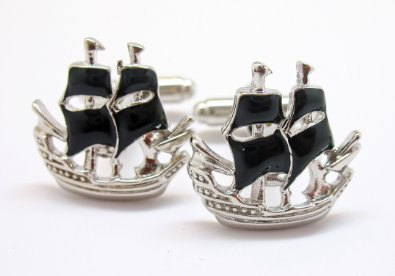 Pirate Ship Cufflinks Silver Tone Boat Black Enamel Sails Ocean Sailing ...