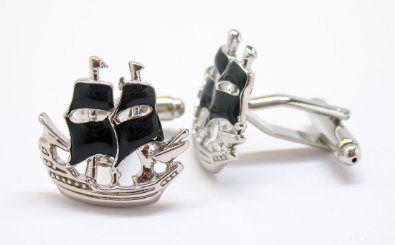 Pirate Ship Cufflinks Silver Tone Boat Black Enamel Sails Ocean Sailing ...