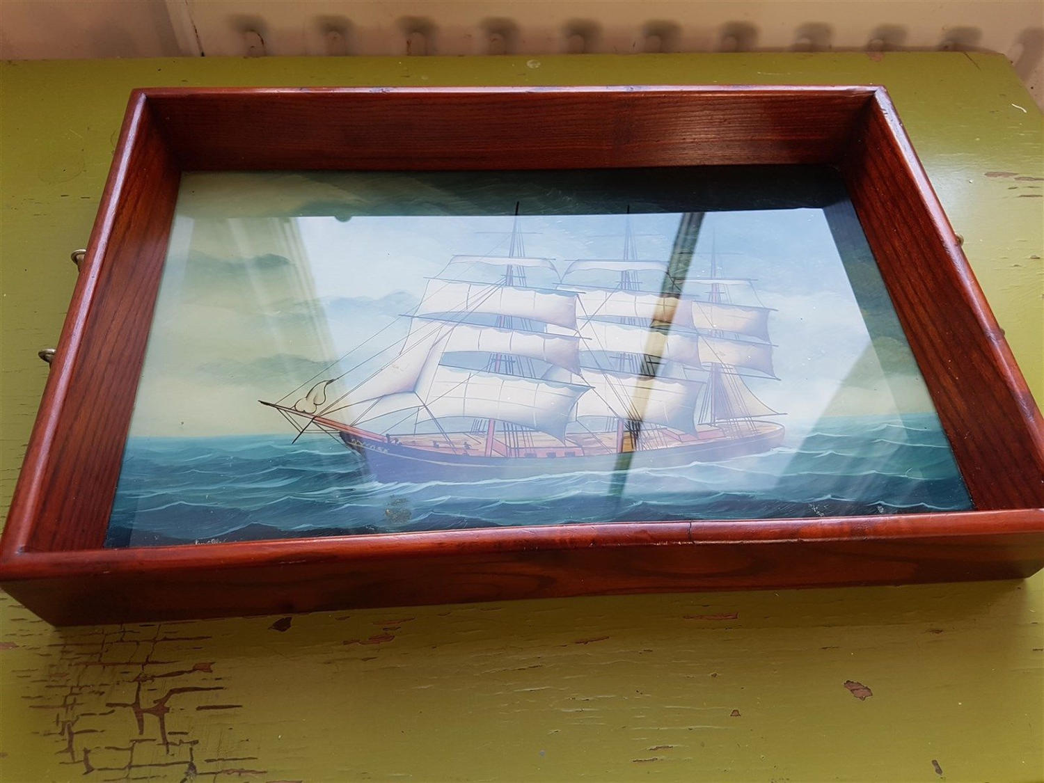 Vintage Schooner Ship Reverse Painted Glass and Wood Serving Tray ...