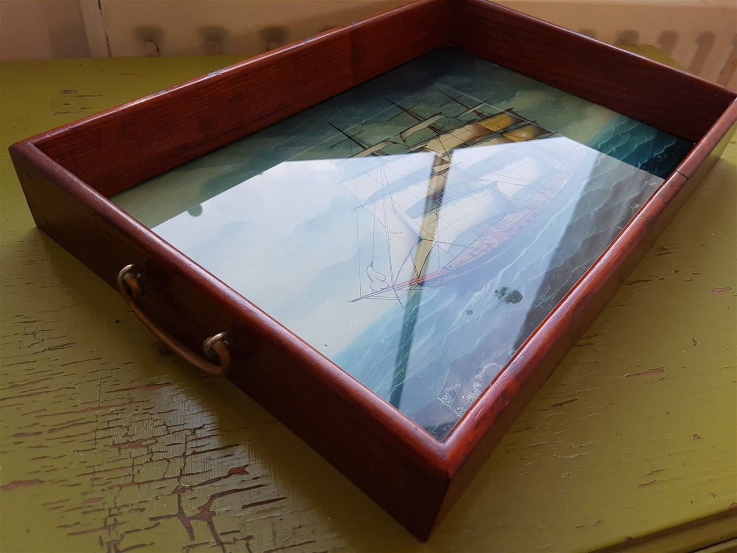 Vintage Schooner Ship Reverse Painted Glass and Wood Serving Tray ...