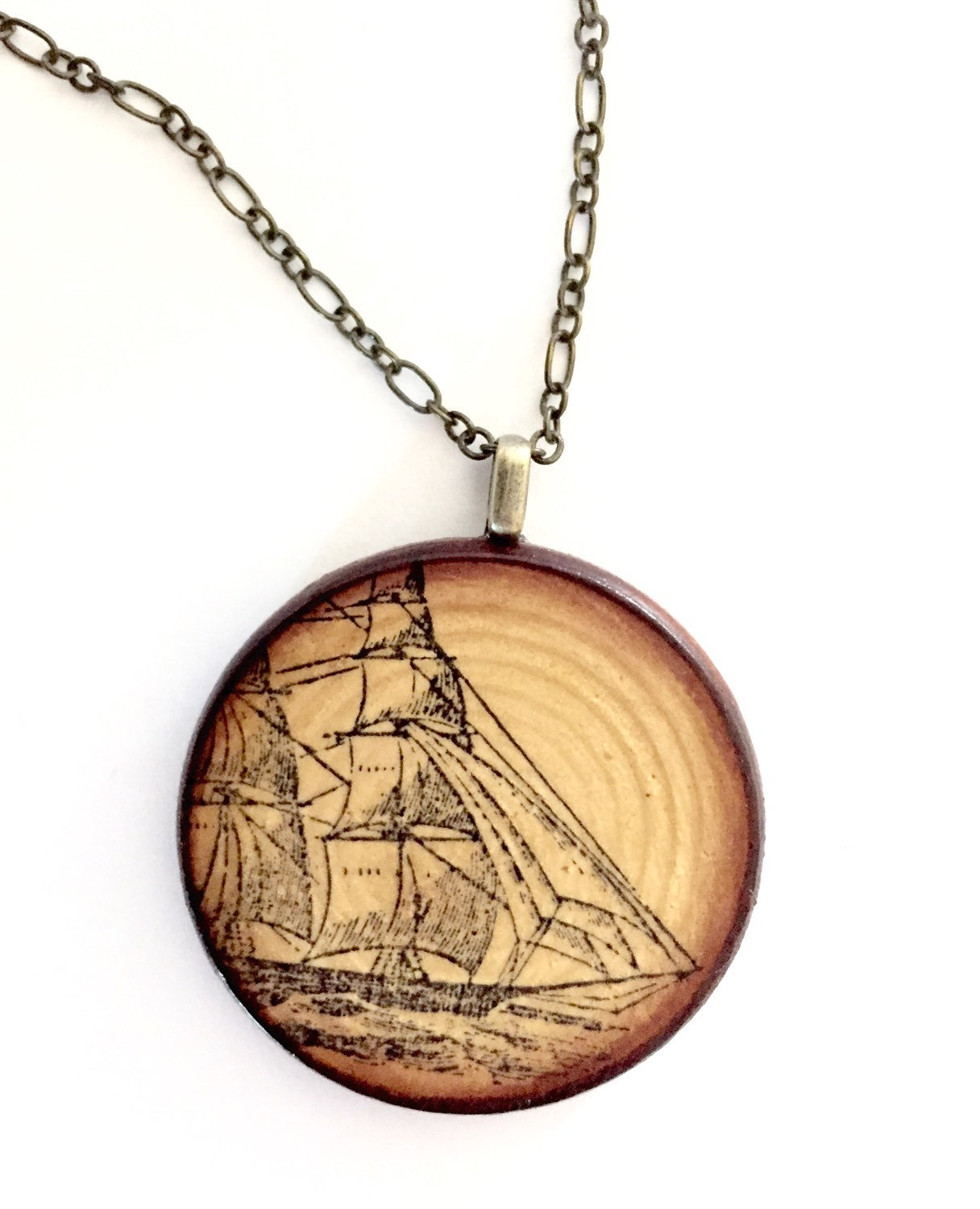Ship on the Sea Wood Pendant Necklace // Antique Brass Long Chain ...
