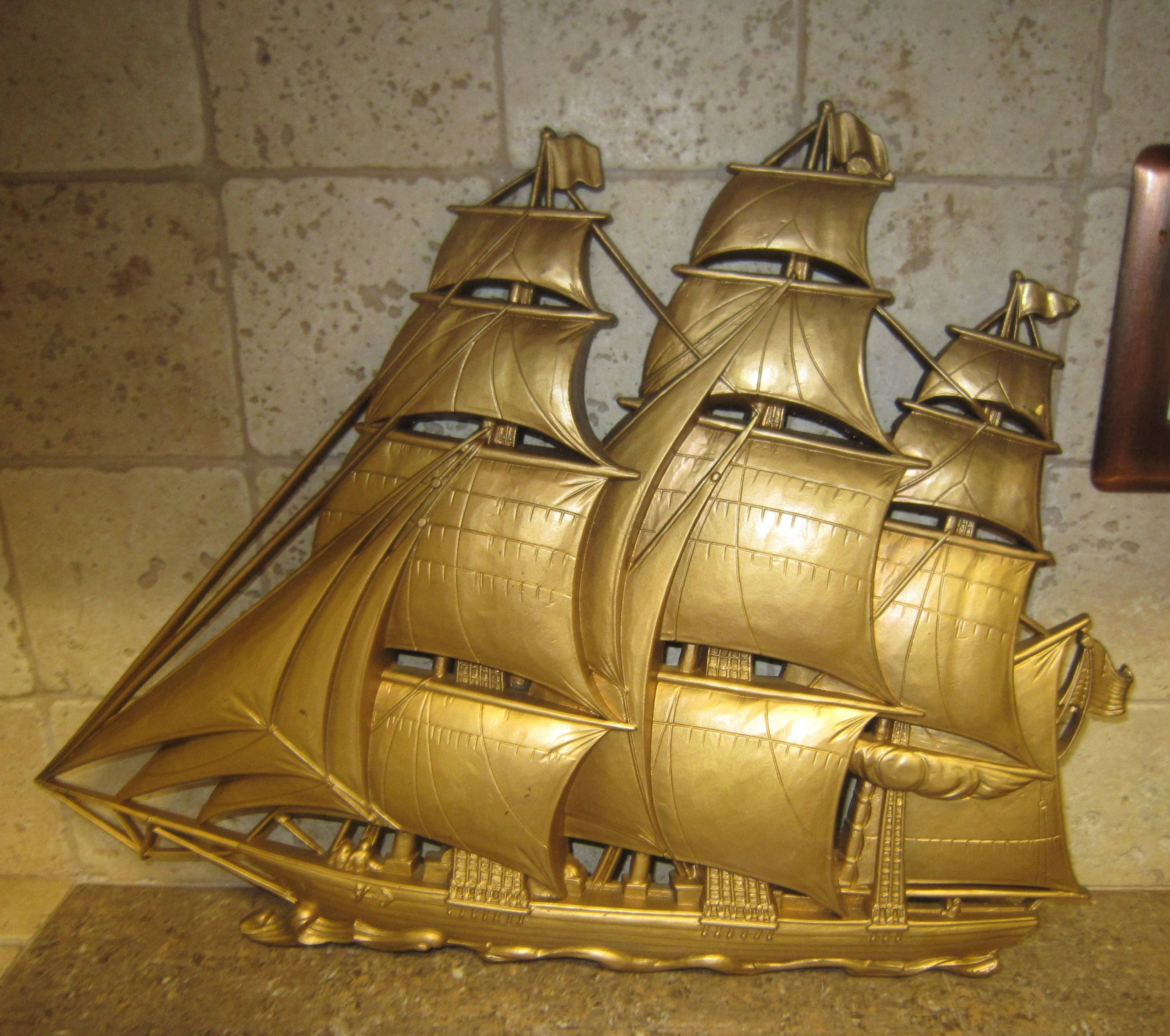 Vintage Gold Sailboat, Sailing Ship, Boat, Nautical, Beach House Decor ...