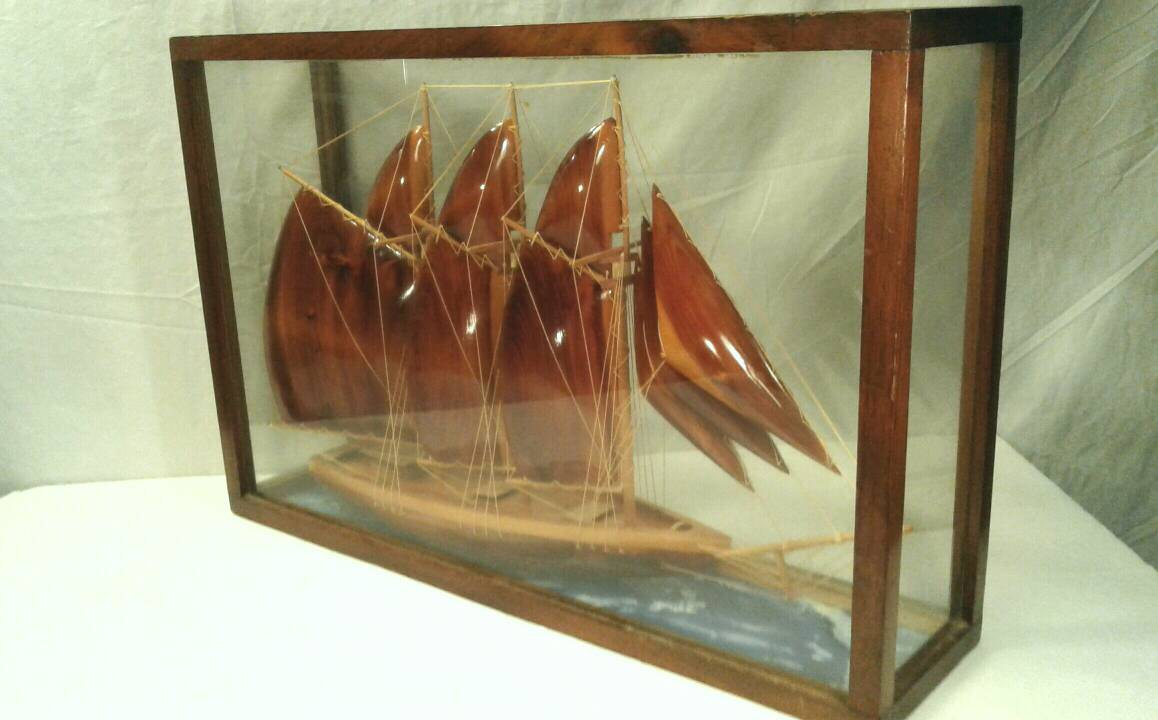 Large Wooden Schooner Ship Model With Rigging Mounted Glass Case ...