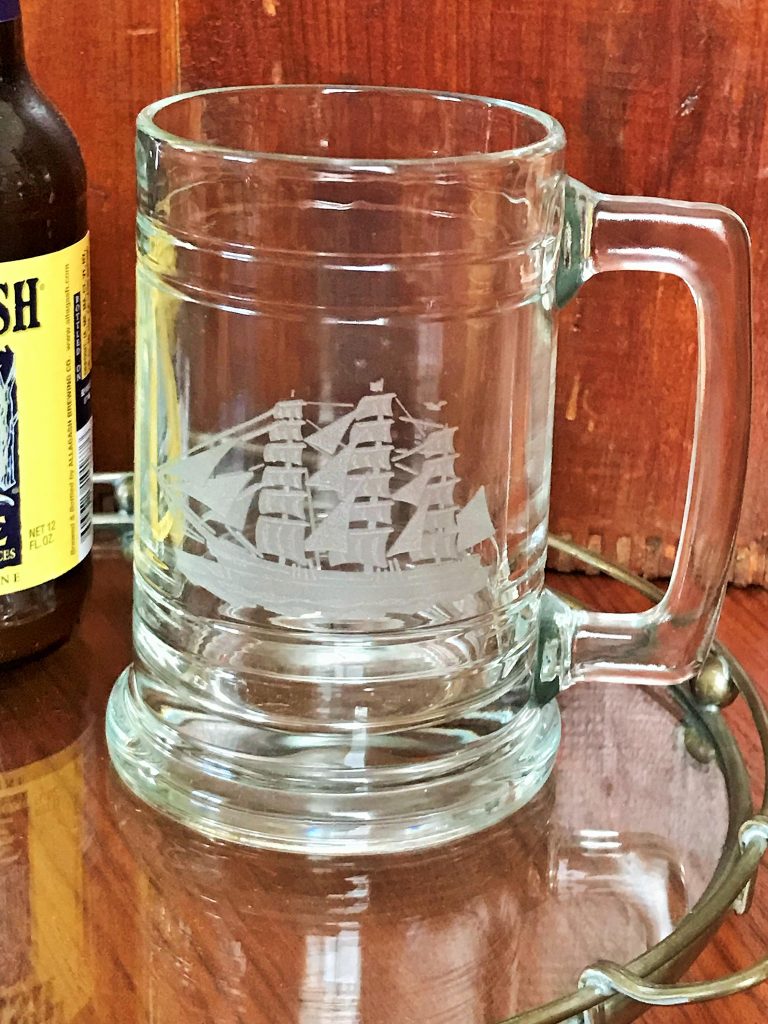 Glass Beer Mug ~ Schooner / Clipper Ship Under Sail ~ Weighted Bottom ...