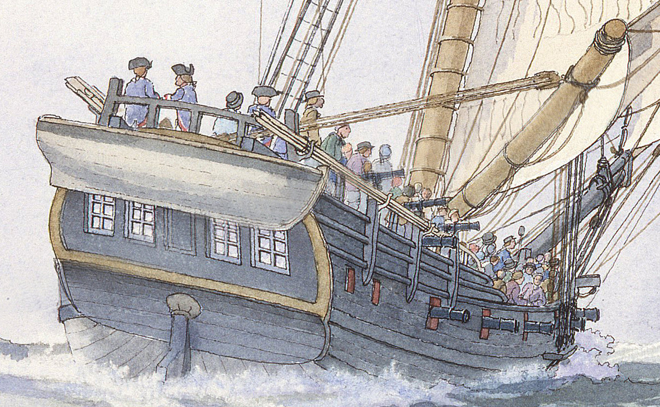 Sloop Providence, John Paul Jones, chasing a Halifax schooner on the ...