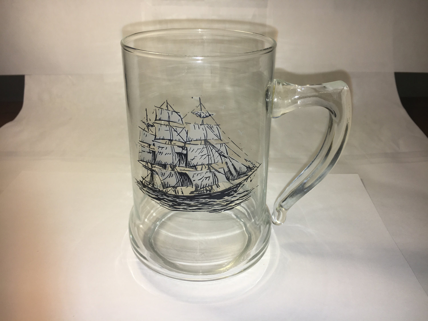 Vintage Clear Glass Schooner Mug w/ Whitesail Ship on Side Large Handle ...