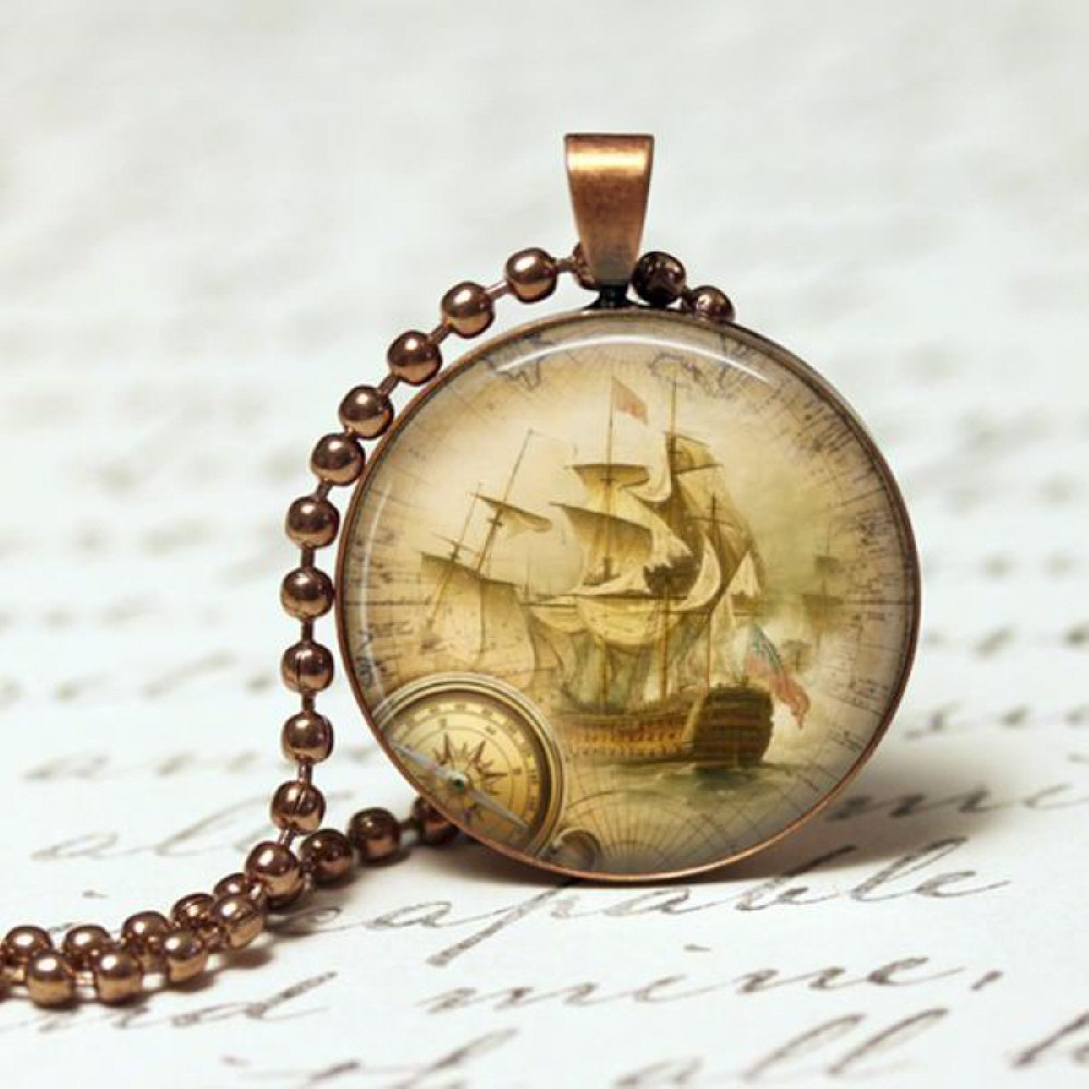 Old World Ship - Square Pendant Key Ring- Art Photo with chain - Pirate ...