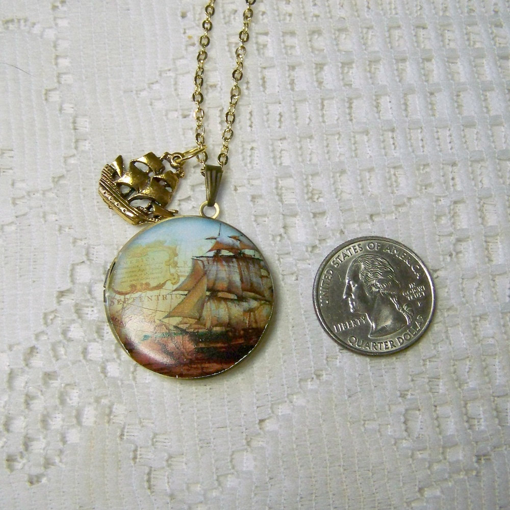 Tall Ship Locket - Schooner - Nautical Art Necklace - Steampunk ...