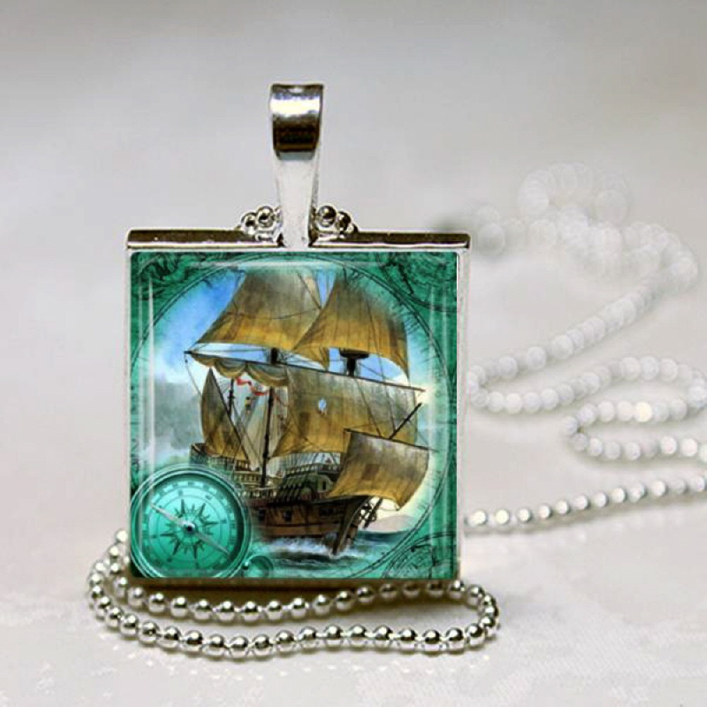 Schooner Pendant, Square or Round Necklace, Pirate Ship, Clipper Ship ...