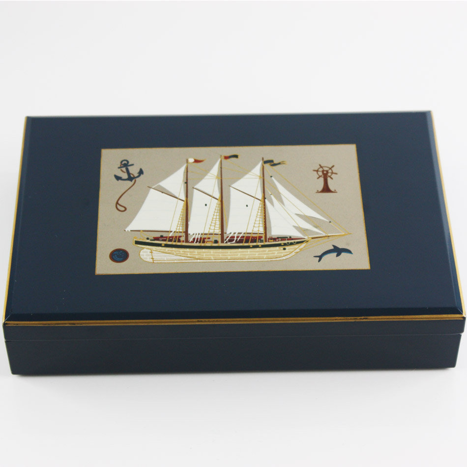 1970s Otagiri Sailing Ship Lacquer Trinket Box, Vintage Dark Blue ...