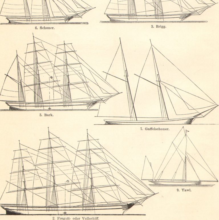 1897 Rigging of Sailing Ships, Frigate, Brig, Barquentine, Barque ...
