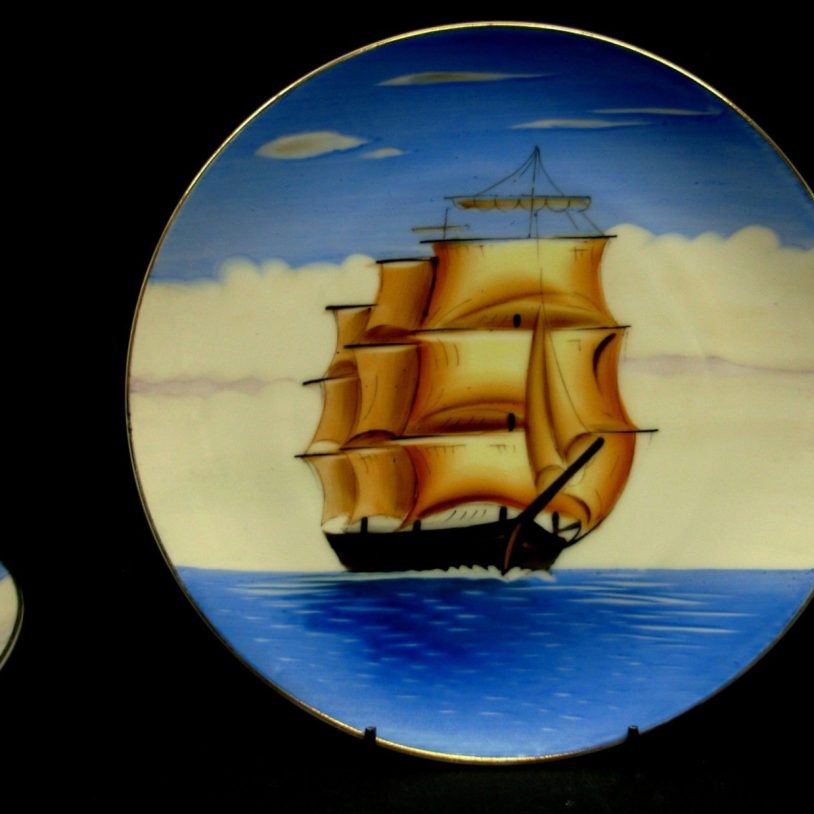 Vintage Schooner Boat Plates, Tall Ships Nautical Decor, Hand Painted ...