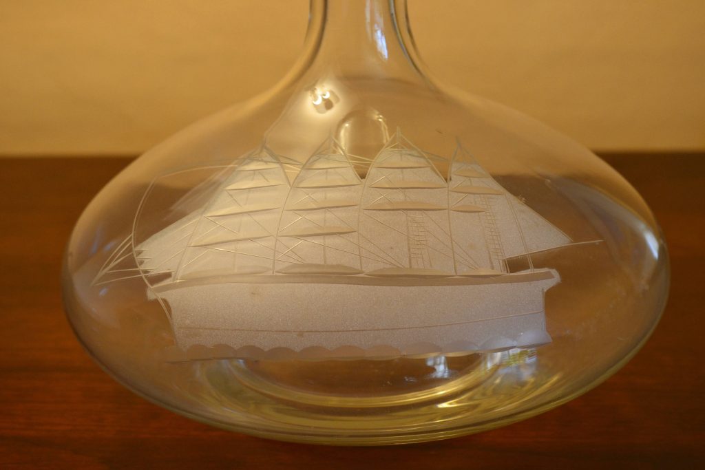 Ships Decanter. Port Decanter with Crystal Stopper. Etched Glass ...