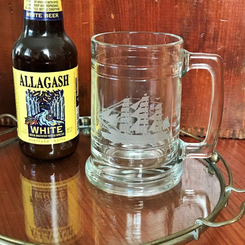 Glass Beer Mug ~ Schooner / Clipper Ship Under Sail ~ Weighted Bottom ...