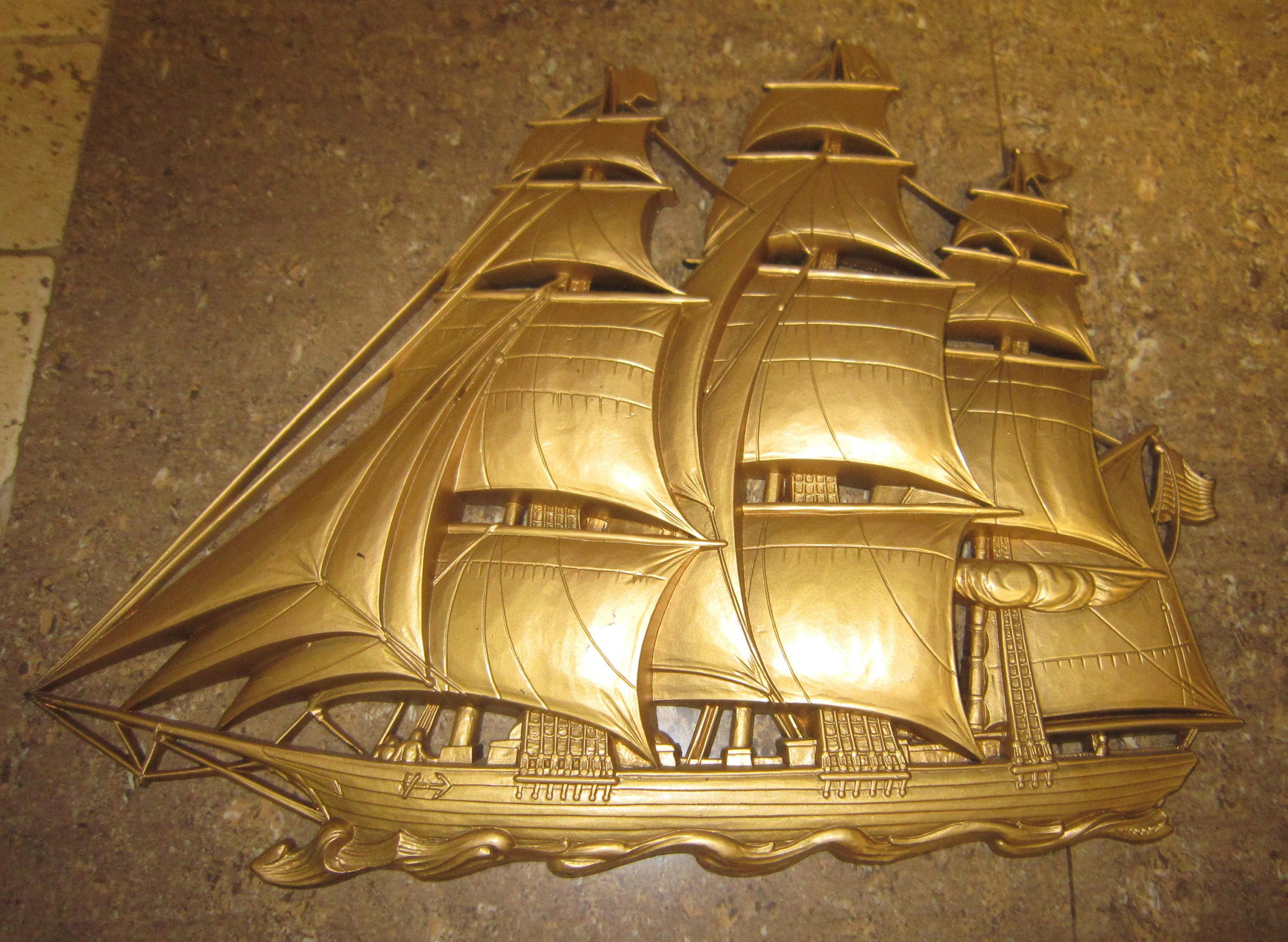 Vintage Gold Sailboat, Sailing Ship, Boat, Nautical, Beach House Decor ...