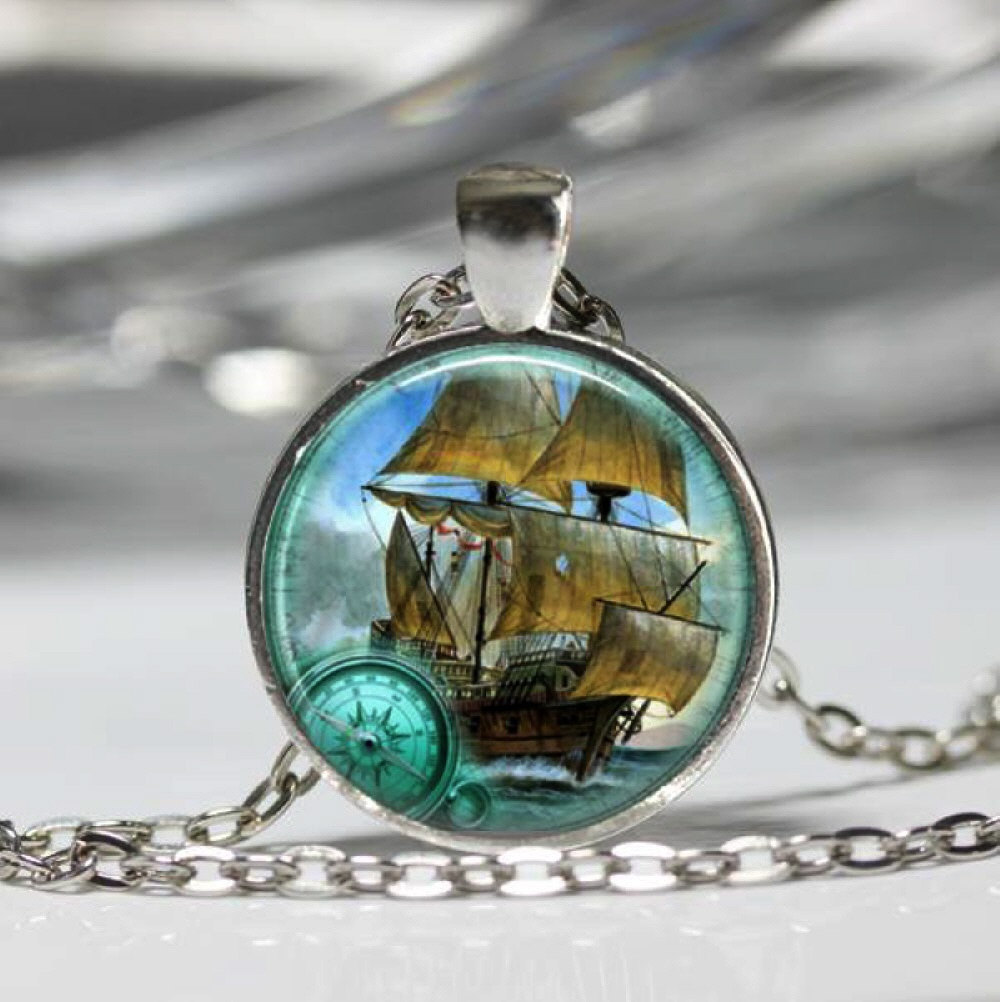 Schooner Pendant, Square or Round Necklace, Pirate Ship, Clipper Ship ...