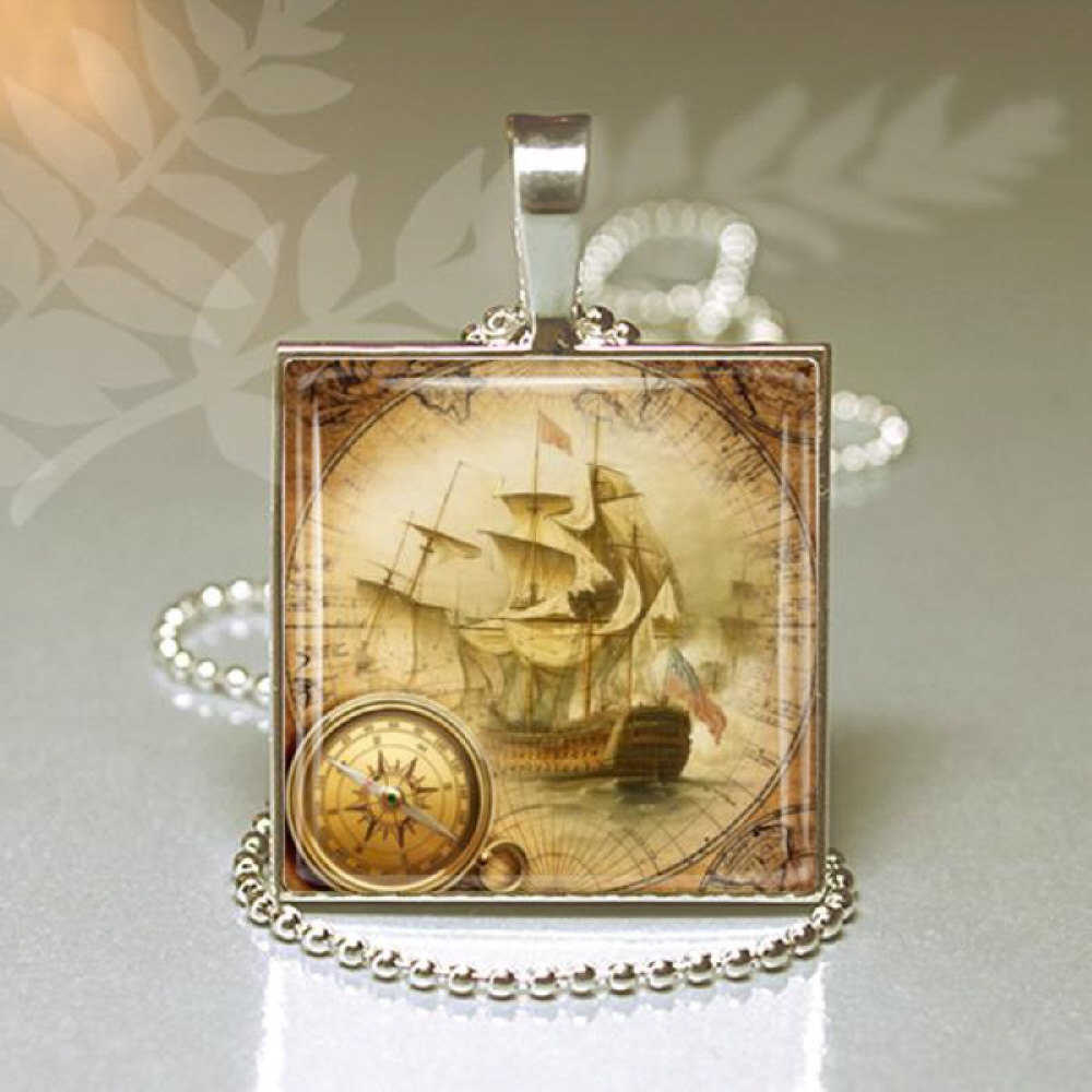 Old World Ship - Square Pendant Key Ring- Art Photo with chain - Pirate ...