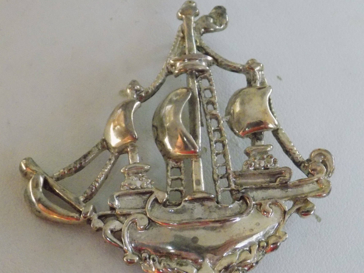 Vintage brooch, antique silver Spanish galleon schooner ship at full ...